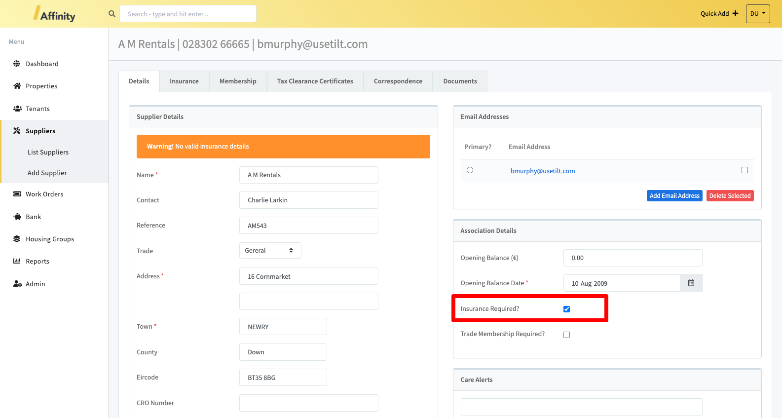 Supplier not listed when assigning a work order – Affinity Support
